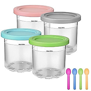 Yammoe Containers Replacement for Ninja Creami Pints and Lids - 4 Pack, 16oz Cup Compatible with NC301 NC300 NC299AMZ Series Ice Cream Maker, BPA Free Dishwasher Safe Leak Proof（with 4Spoon）