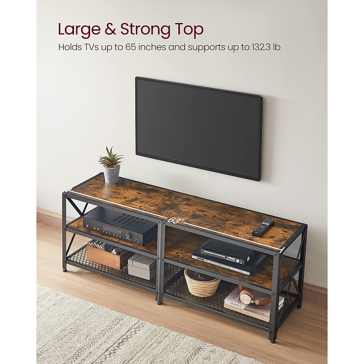 VASAGLE TV Stand, TV Console for TVs Up to 65 Inches, TV Table, 55.1 Inches Width, TV Cabinet with Storage Shelves, Steel Frame, for Living Room, Bedroom, Rustic Brown and Black ULTV094B01