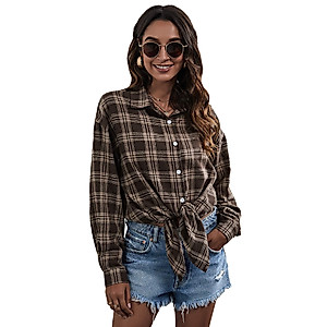 SweatyRocks Women's Long Sleeve Collar Long Button Down Plaid Shirt Blouse Tops Plaid Brown M