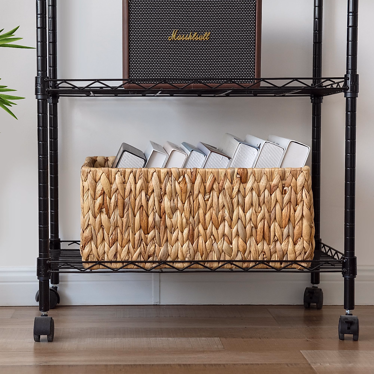 JS HOME Jumbo Wicker Basket for Orgainzing, Extra Large Rectangular Water Hyacinth Storage Wicker Shelf Basket with Built-in Handles, 1 Pack