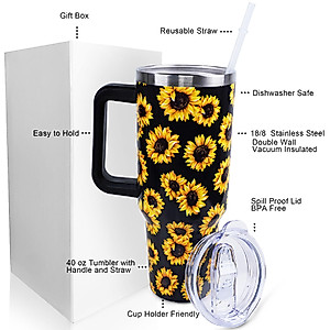 PERRIFIC Sunflower Tumbler 40 oz Tumbler with Handle and Straw Lid Leak Proof - Sunflower Coffee Mug Travel Cup Insulated for Hot Cold Ice Drink - Mother's Day Birthday Sunflower Gifts for Women Cup