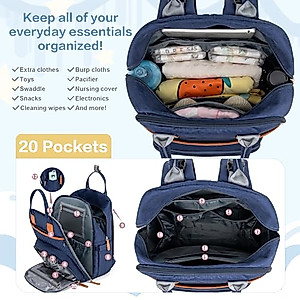 KABAQOO Baby Diaper Bag Backpack for Boys Girls, Multifunction Waterproof Travel Diaper Bag with Portable Changing Pad, Pacifier Case and Stroller Straps, Blue