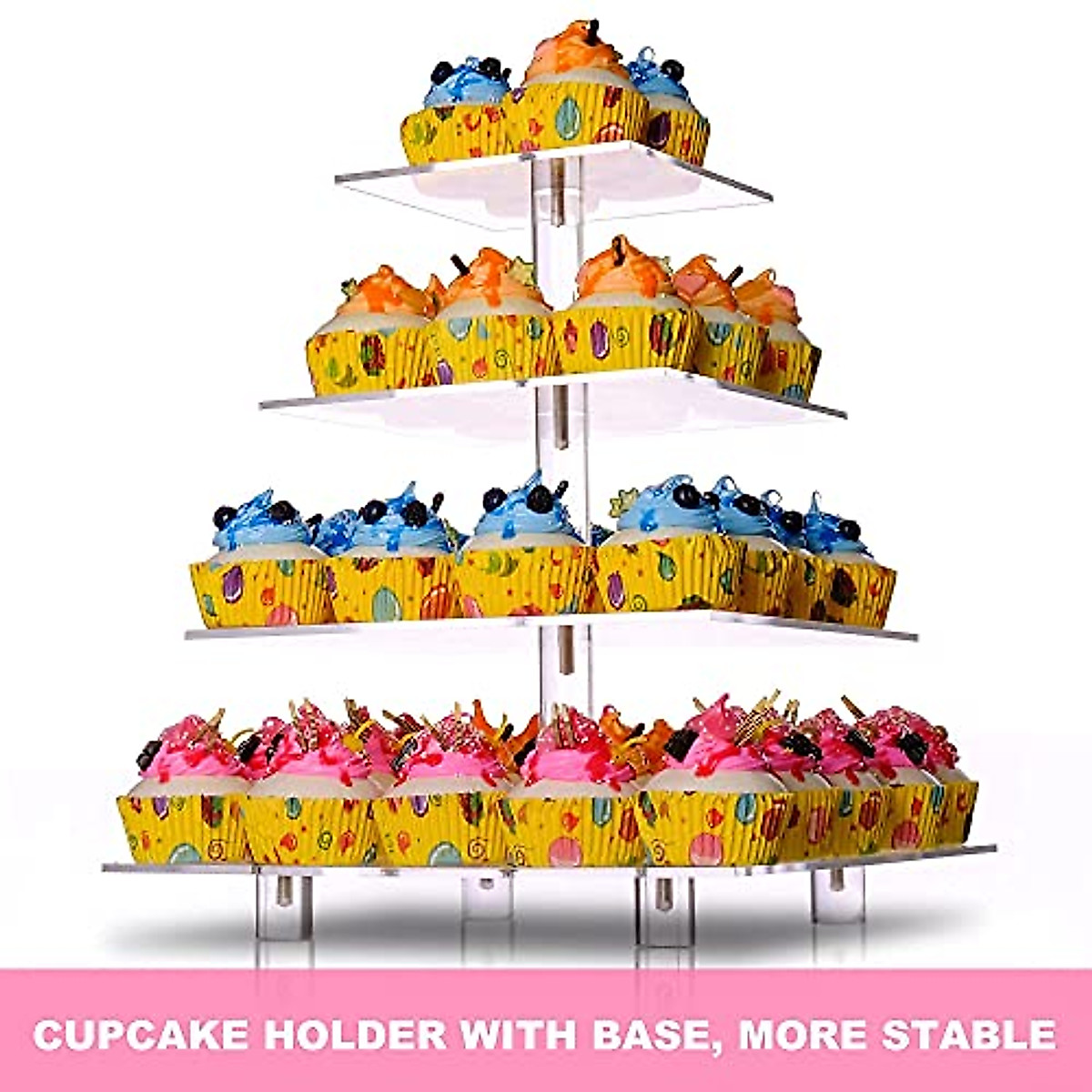 Cupcake Stand, 4 Tier Cupcake Stand for 50 Cupcakes, Square Tiered Cupcake Tower, Clear Acrylic Cupcake Holder, Dessert Stands for Party, Wedding, Birthday, Baby Shower, Halloween