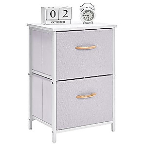 LAND·VOI Dresser Storage,Night Stand with 2 Fabric Drawers,End Table for Bedroom, Office, Living Room, and Hallway Entryway Closets, Steel Frame Wood Top, Easy Pull Handle,White Grey