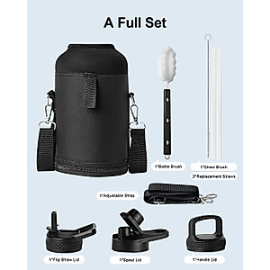 Topre 64 oz Insulated Water Bottle, Half Gallon Vacuum Stainless Steel Sports Water Jug with 3 Lids & Brush, BPA-free Reusable Double Walled Thermos Mug Gym Keg for Sports Outdoor Camping, Black