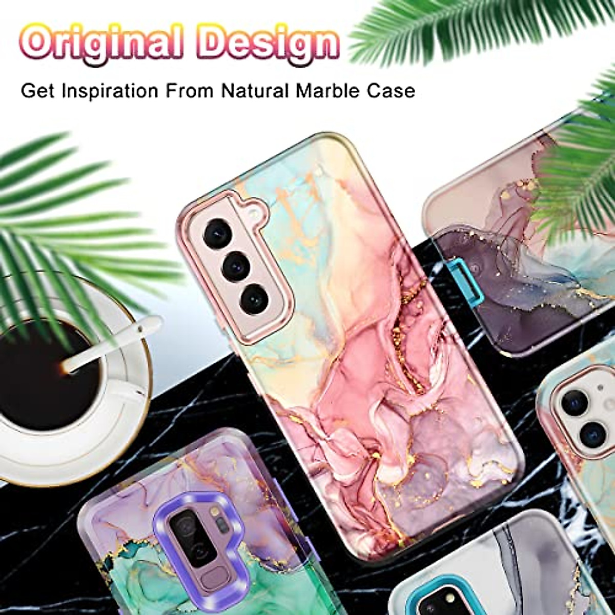 Btscase for Samsung Galaxy S22+/S22 Plus 5G Case, Marble Pattern 3 in 1 Heavy Duty Shockproof Full Body Rugged Hard PC+Soft Silicone Drop Protective Women Girl Covers for S22+/S22 Plus, Rose Gold