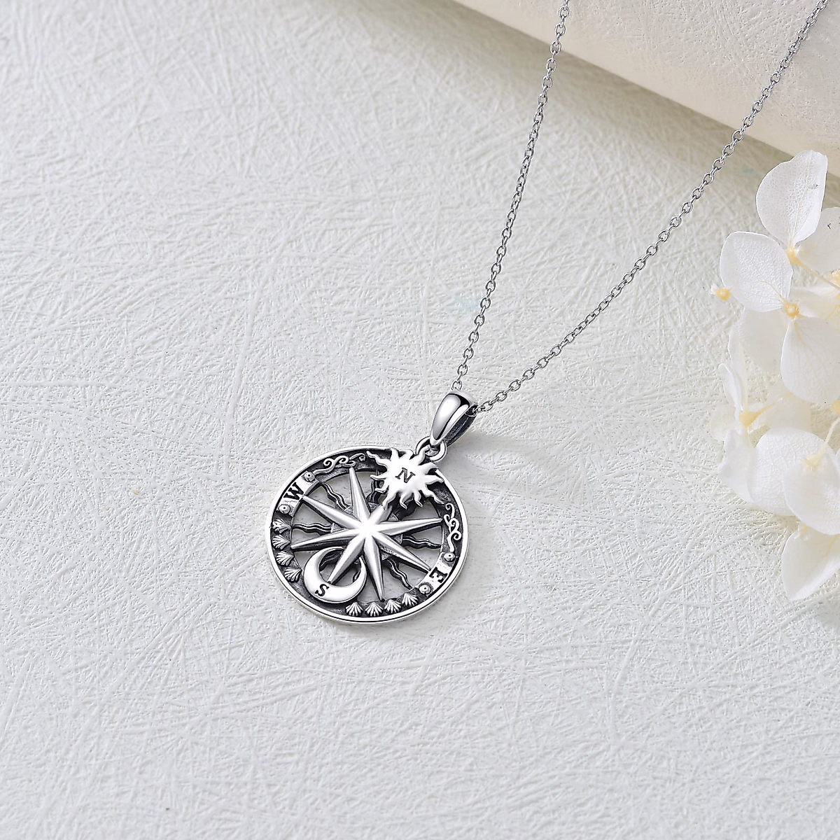 PROESS Compass Necklace Sterling Silver Sun and Moon Compass Pendant Necklace Inspirational Nautical Compass Jewelry Gifts for Women Men Graduation