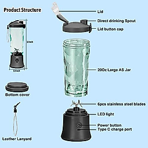 20 Oz Portable Blender for Shakes and Smoothies, TOPESCT Personal Size Blender USB Rechargeable, Strong Cutting Power with 6 Ultra-sharp Blades for Travel, Office & Sports (Black)
