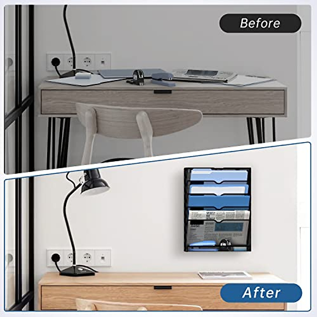 DALTACK Wall File Holder 6 Tier Hanging Wall File Organizer with Hooks, for Papers Mails Folders Clipboard Magazine Organization, for Office Home, Mesh Metal, Black