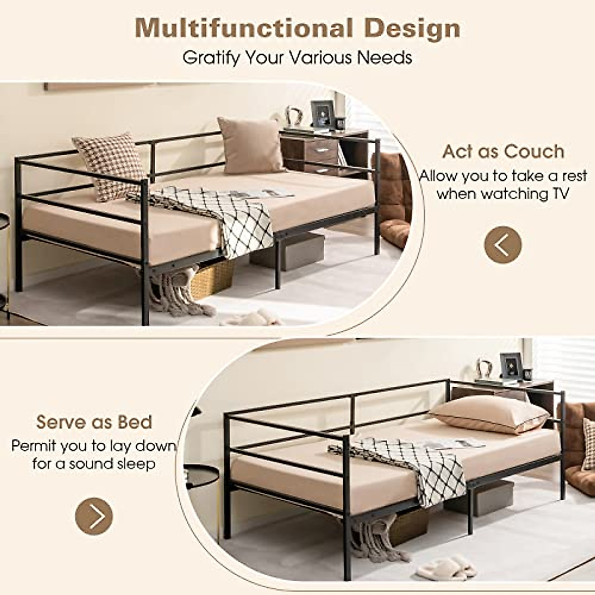 GOFLAME Metal Daybed Frame Twin Size, 2-in-1 Multifunctional Sofa Bed Frame with Headboard & Heavy-Duty Steel Slats, Mattress Foundation Platform for Living Room, Guest Room, Bedroom, Easy Assembly