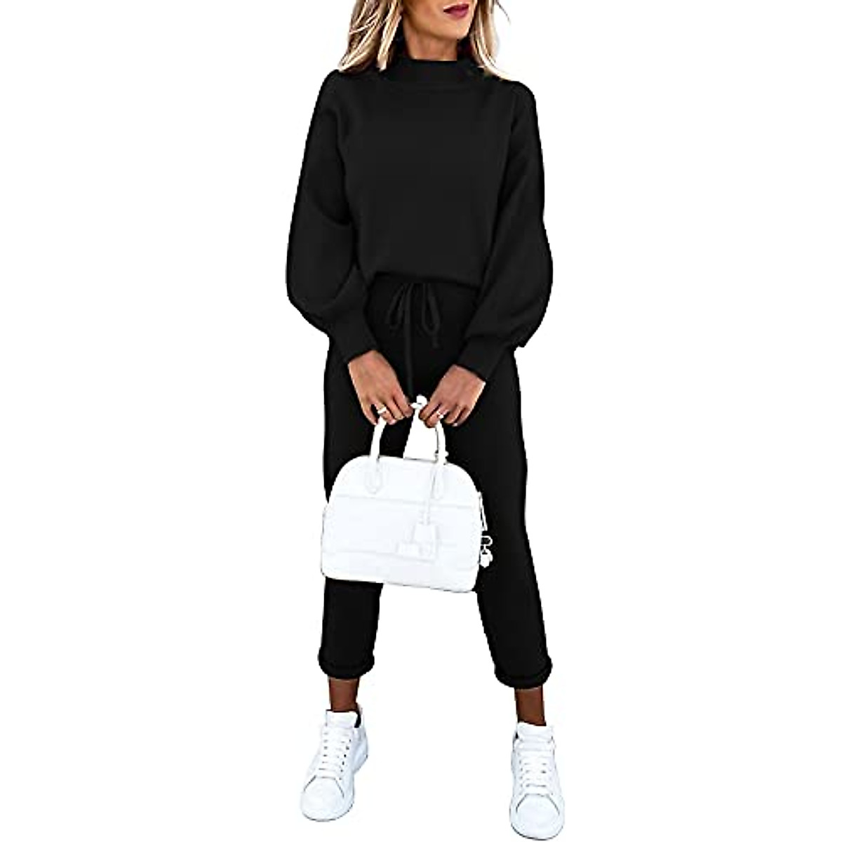 Women's 2 Piece Pant Set Sweatsuit Long Lantern Sleeve Sweatshirt Jogger Pant Tracksuit Black M