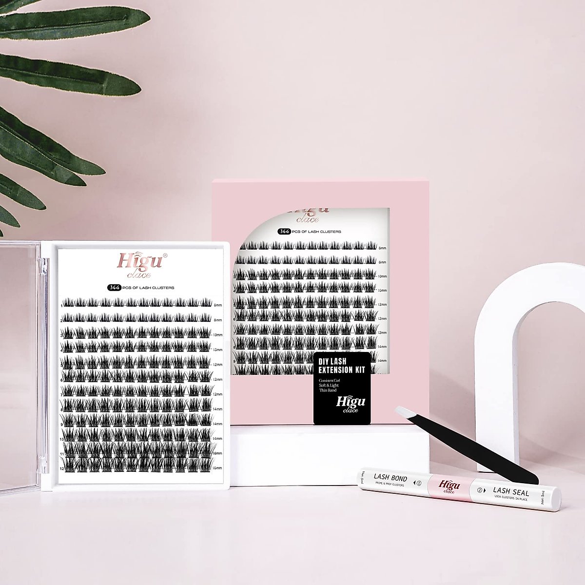 Higu clace DIY Eyelash Extension Kit, 144pcs D Curl Lash Clusters, 8-16mm Softy Cluster Lashes, with Lash Bond and Seal, Lash Tweezers, Reusable Fluffy Cluster Eyelash Extension Kit(R-08 Kit)