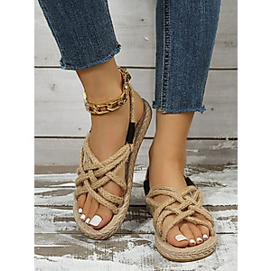 GORGLITTER Women's Criss Cross Strap Sandals Slingback Summer Beach Straw Flats Khaki CN41