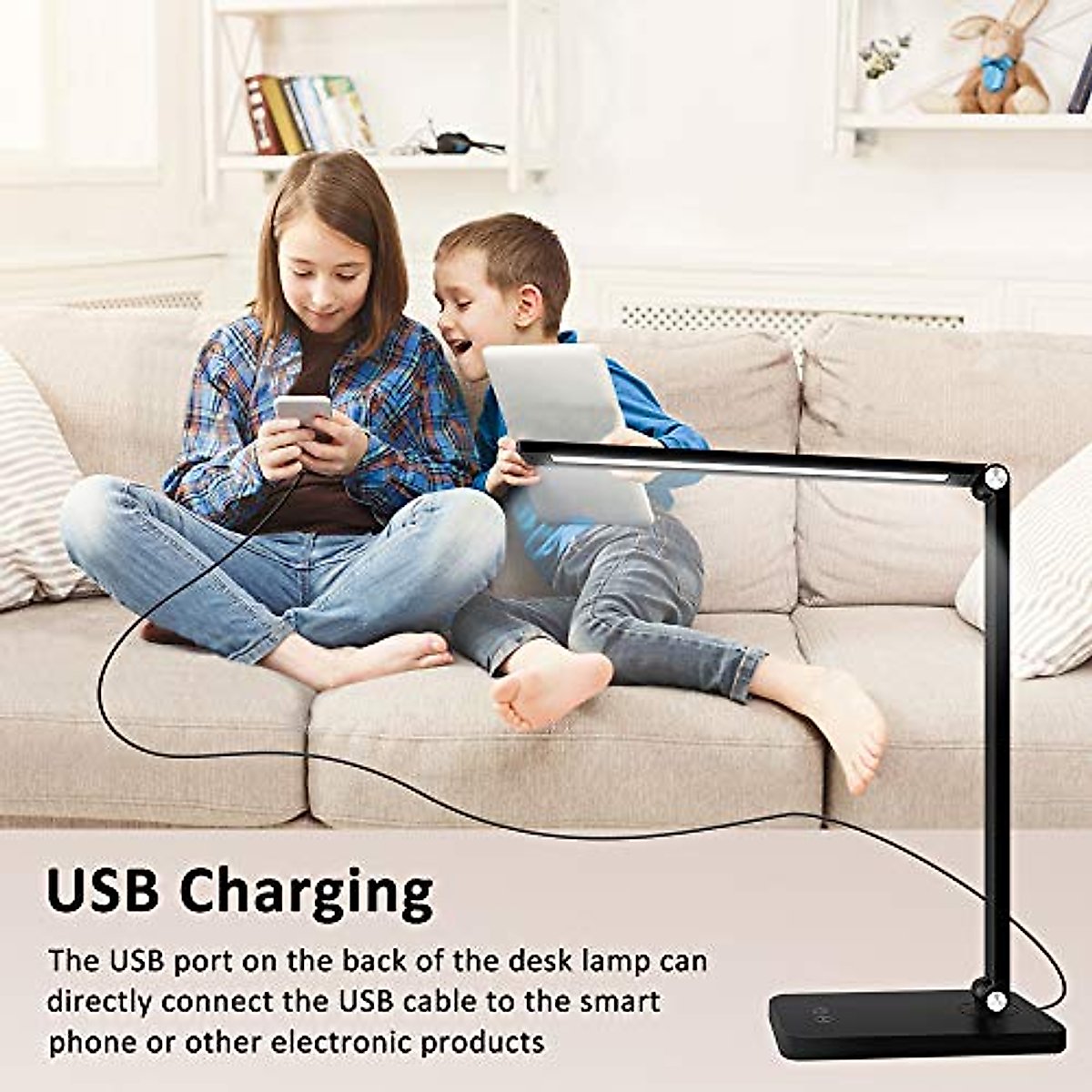 LED Desk Lamp with USB Charging Port Dimmable Eye-Caring Desk Light with Touch Control Foldable Lamp with 5 Lighting Modes,3 Brightness Levels Table Lamp for Reading, Studying, Working, Office, Black