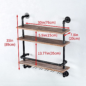Industrial Hanging Wine Glass Rack Wall Mounted,30in Pipe Shelf Wine Rack with 7 Glass Holder,Rustic Wine Glass Holder Stemware Racks,Pipe Shelving Wood Shelves Floating Wine Glass Shelf