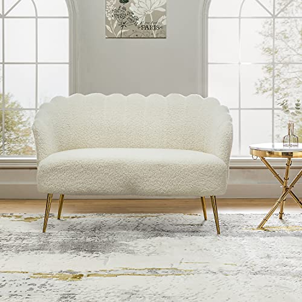 HULALA HOME Modern Loveseat Sofa with Gold Legs, Small Armless 2-Seater Sofa with Flower Shaped Back, Comfy Upholstered Love Seats Couch for Bedroom, Living Room, Office, Apartment, Small Space/Ivory
