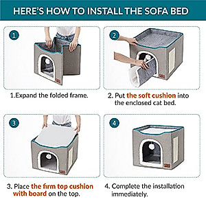 Bedsure Cat Beds for Indoor - Large Cat Cave for Pet House with Fluffy Ball Hanging and Scratch Pad, Foldable Hideaway,16.5x16.5x14 inches, Grey