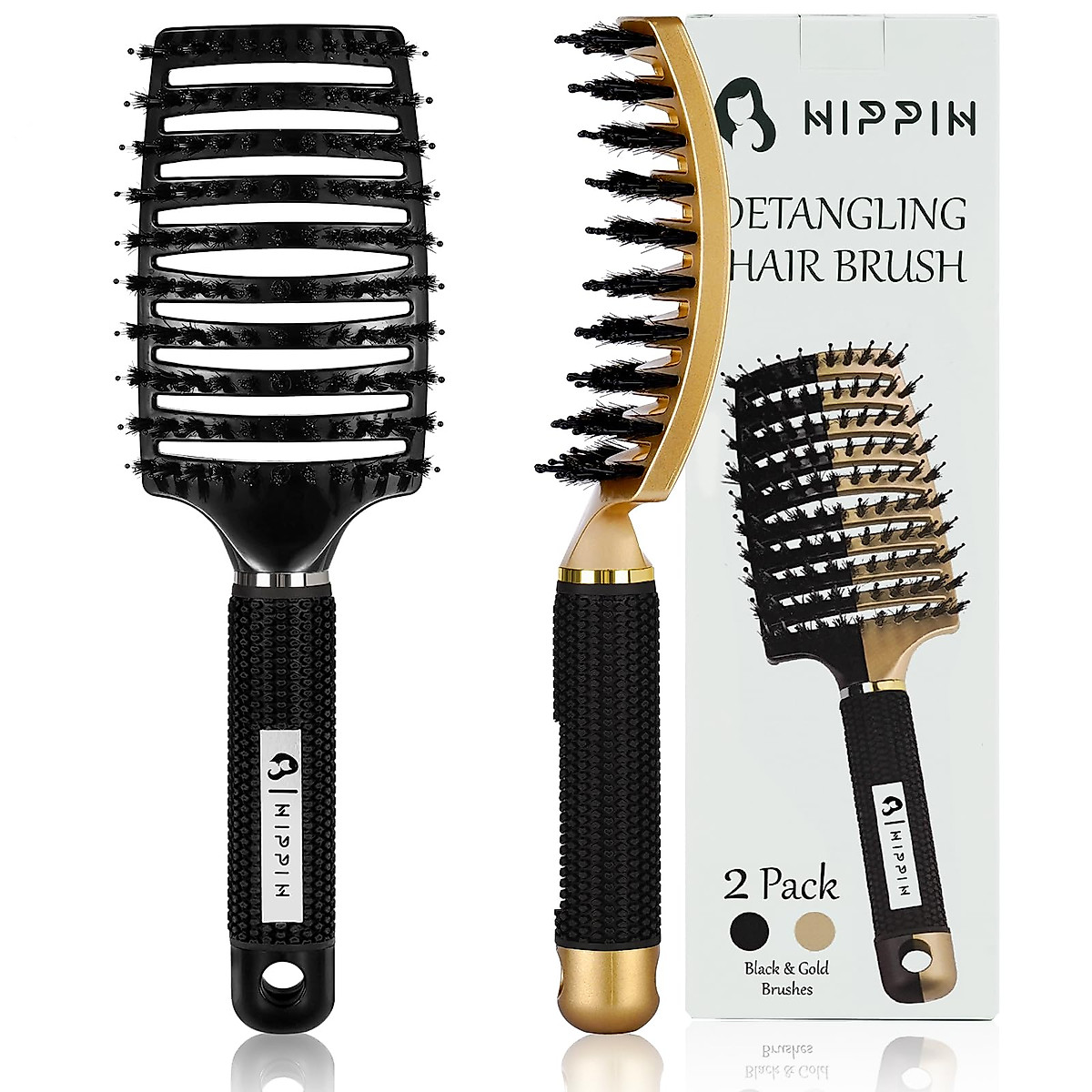 Boar Hair Brushes 2 Pack, Suitable for Men, Women & Kids’ Long Curly Wet or Dry Hair, HIPPIH Hairbrush for Thick Hair Can Adds Shine and Makes Hair Smooth