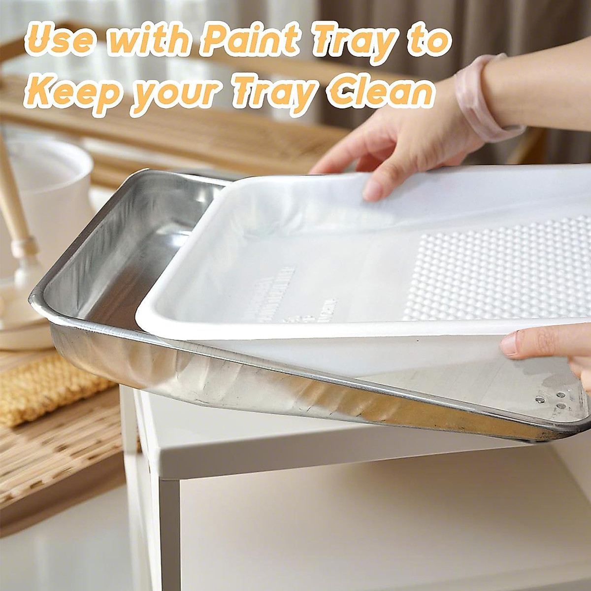 KINGORIGIN 1 Piece 9 Inch Metal Paint Tray with 10 Tray Liners, Paint Tray for Paint Roller, for Paint Brush, Paint Tray Liner Disposable for Home Wall Painting, DIY Painting Projects