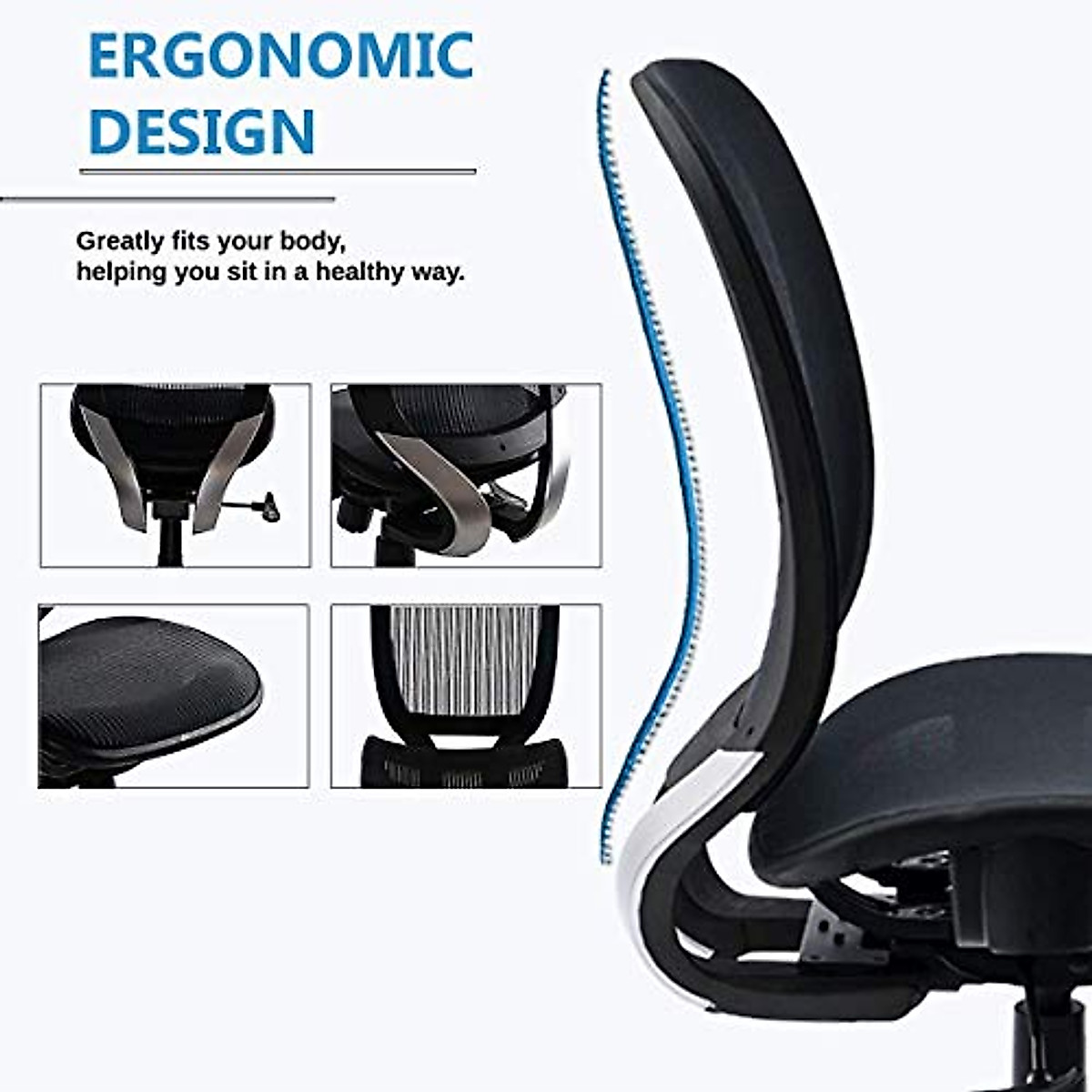 Ergomax Fully Meshed Ergonomic Height Adjustable Office Chair no Armrests & no Headrest, 42 Inch Max, Black