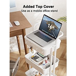 Pipishell 3 Tier Rolling Cart with Table Top, Utility Cart with Wheels & 4 Hooks, Rolling Storage Cart for Home Storage and Organization, White, PIUC09W