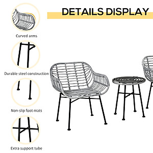 Outsunny 3 Piece Patio Set, Outdoor Bistro Furniture, PE Rattan Wicker Table and Chairs, Cushioned, Hand Woven, Modern Look with Tempered Glass for Garden, Porch, Pool, Backyard, Cream White