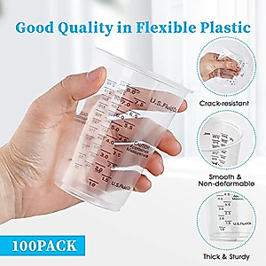100 PACK Plastic Measuring Cups, 8 oz Disposable Mixing Cups with 100 Wooden Mixing Sticks, Can Be Used for Epoxy Resin, Liquid Measuring, Paint Mixing, Cooking and Baking