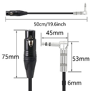 PNGKNYOCN 1/4 to XLR Cable 90 Degree Right Angle 6.35 mm TRS Male Plug to XLR Female Jack Audio Stereo Microphone Cable for Speakers, Stage, DJ and More（50cm）