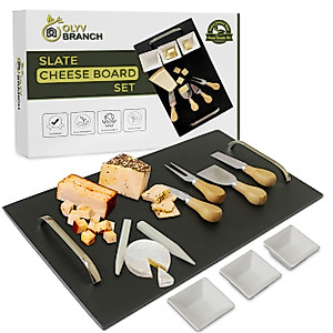 Olyv Branch Slate Cheese Board Set-10pc Serving Tray 16" x 10'' Large-Durable & Versatile Serving Tray Sealed with an Anti Stain Coating-Great for Home & Restaurant Cheese Tapas & Appetizers Serving