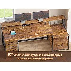 SEDETA Home Office Desk with File Drawer & Power Outlet, 66'' Computer Desk with 5 Drawer, Storage Shelves, Printer Cabinet and Monitor Shelf, Gaming Desk with Led Lights, Rustic Brown