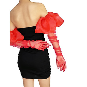 XXDingbs Super Puff Sheer Long Gloves Oversize Tulle Mesh Gloves for Cocktail Opera Party Gloves with Ruffle Long Sleeve Red