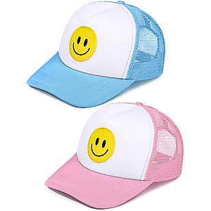Cozypower 2 Pcs Smile Face Baseball Cap Smile Trucker Hat Mesh Adjustable Baseball Cap Retro Preppy Hats for Women(Blue, Pink, White)