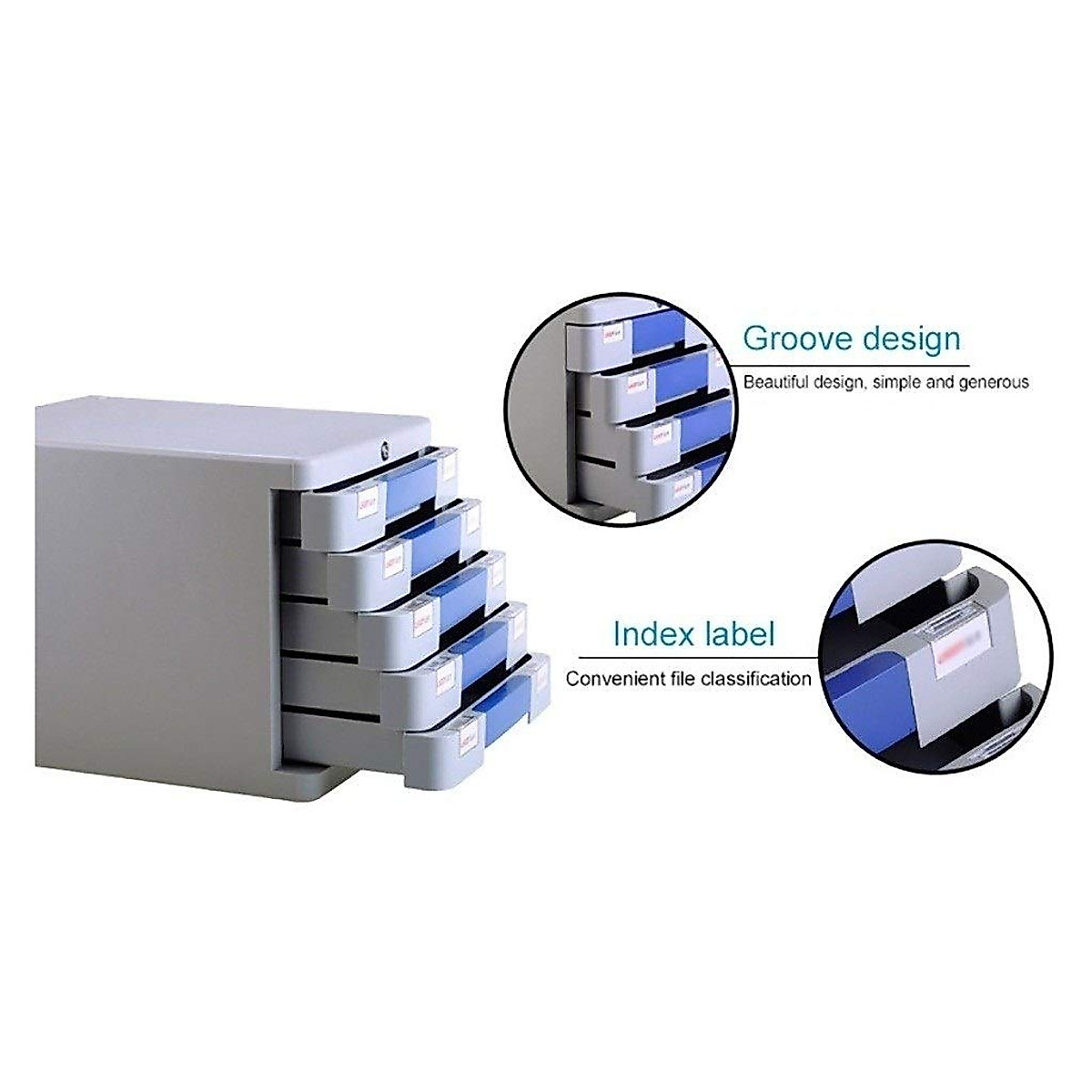 Flat File Cabinet,Desktop Lock Plastic Drawer Storage Organization, with Blank Label and 5 Drawers-Blue
