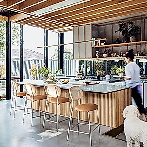 Indoor/Outdoor Faux Leather Bar Stools Set of 2,Rattan and Wood Backrest with Metal Legs, Modern Upholstered Round seat Chair Counter Height Barstool for Bistro Home Restaurant,24",Whiskey Brown