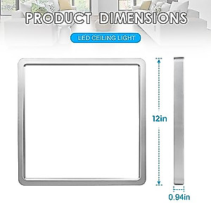 12inch 24W LED Flush Mount Ceiling Light, 5000K Daylight White LED Ceiling Light, 3200LM Flat Square LED Ceiling Lamp for Bedroom, Kitchen, Living Room, Silver