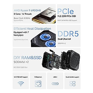 MINISFORUM Neptune HX99G Mini PC AMD Ryzen 9 6900HX 32GB DDR5 1TB SSD AMD Radeon RX 6600M Mini Gaming PC Wi-Fi 6E/BT5.2, 2xHDMI, 2X USB4 Port, 2X Slot PCIe/Sata SSD, 5X USB3.2 Port