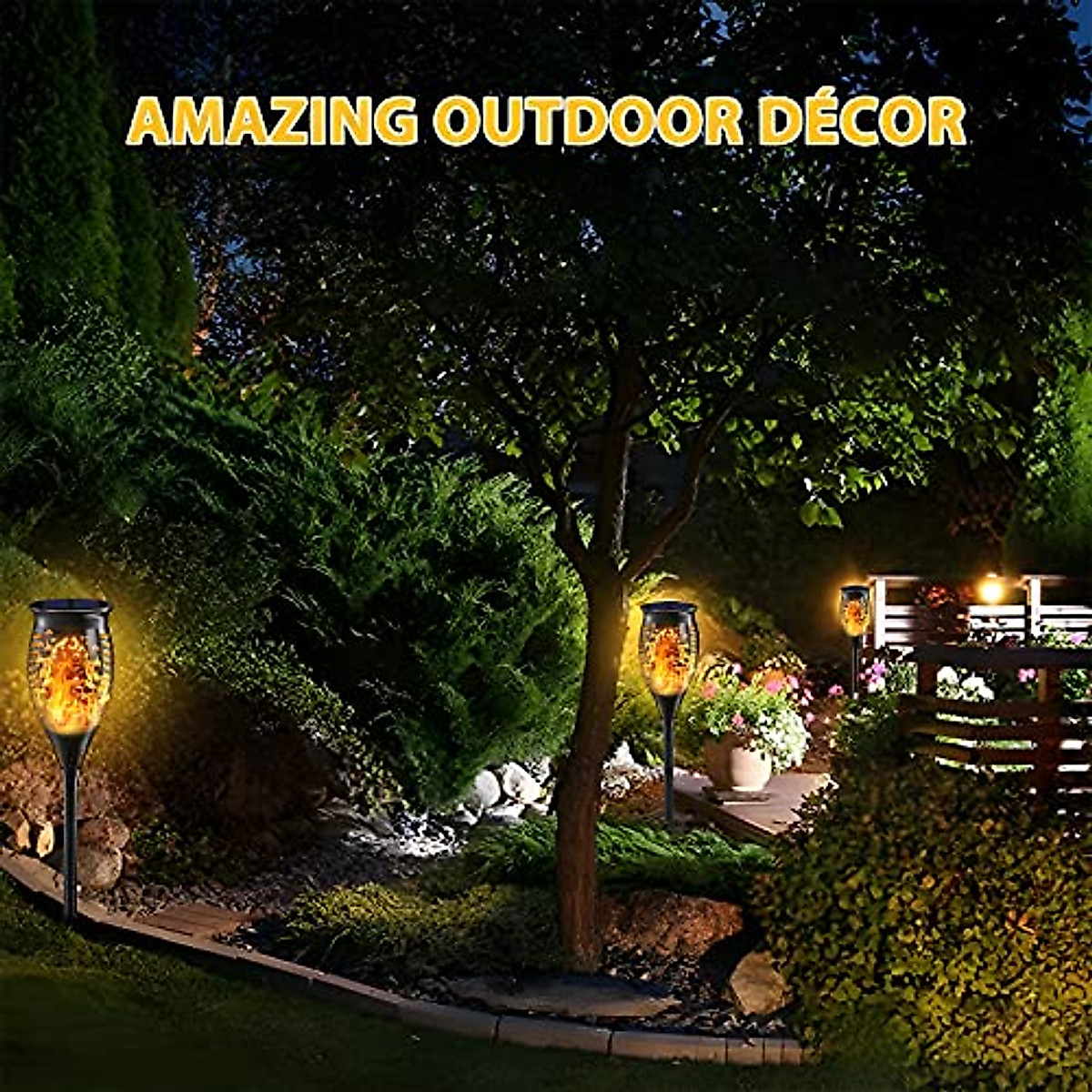 Solar Tiki Torch Lights with Flickering Flames for Garden, Torch Stake Light Outdoor Decorative, Waterproof Landscape Flame Lights with Auto On/Off for Garden Party Pathway (12 Pack Yellow, 12 LEDs)