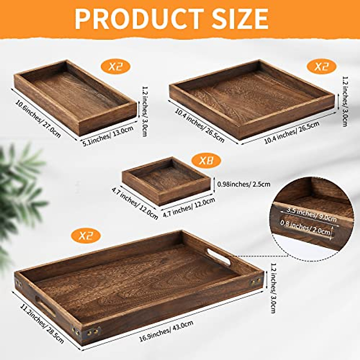 2 Set of 14 Pcs Wooden Serving Trays with Handle Rectangular Nesting Multipurpose Trays Decorative Rustic Ottoman Tray Coffee Table Tray Sofa Couch Tray Wood Serving Platters for Breakfast in Bed