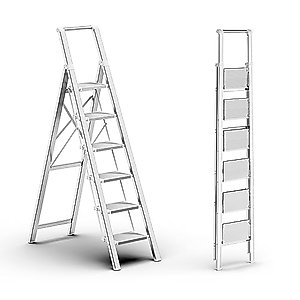 6 Step Ladder for 12 Feet High Ceiling, Lightweight Aluminum Folding Step Stool with Convenient Handgrip, Stepladders with Anti-Slip and Wide Pedal for Home and Kitchen Use Space Saving - Silver