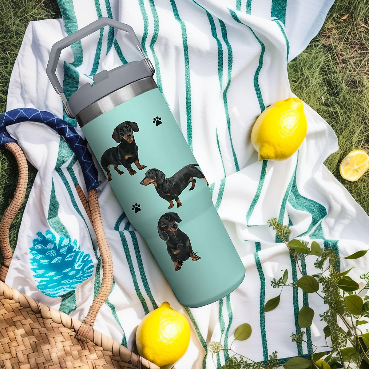 Caiibaoob Dachshund Tumbler for Dachshund Owners, 30oz Stainless Steel Vacuum Insulated Water Bottle (Dachshund-Seaform)