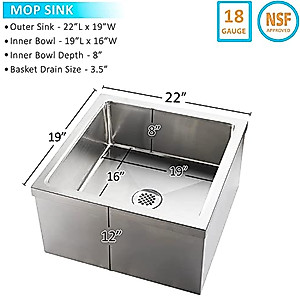 Commercial Stainless Steel Floor Mop Sink 19" x 22" x 12"