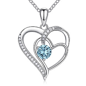 NINAMAID Birthstone Necklace for Women, Heart Necklace 18K White Gold Filled Sterling Silver Diamond Necklaces Jewelry Birthday Gifts for Women