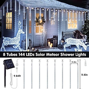 JMEXSUSS Solar String Lights Outdoor Waterproof, White Christmas Tree Lights, 8 Tube 144 LEDs Meteor Shower Rain Lights for Tree Wedding Xmas Holiday Party Patio Decoration
