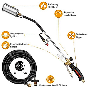 Propane Torch Weed Burner torch, Gardening Outdoor weed torch with Push Button Igniter and 9.8 ft Hose,Heavy Duty Multifunctional Burner for Burning Weeds, Melting ice and Snow,Heating Asphalt(silver)