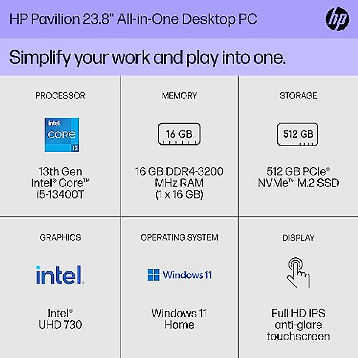 HP Pavilion 24-ca2070Bundle AiO PC, Windows 11 Home, 23.8", Touch Screen, Intel Core i5, 16GB RAM, 512GB SSD, FHD, Snowflake White, Natural Silver Stand