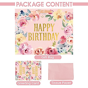 13" Large Happy Birthday Gift Bag with Card and Tissue Papers for Women Girls Floral Design with Handles