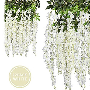 GOOCHOO 12 Pack 3.6 Feet Artificial Fake Wisteria Vine Ratta Hanging Garland Silk Flowers String Party Home Wedding Decor, (White)