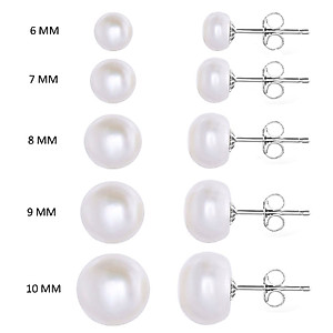 MABELLA 925 Sterling Silver AAA Genuine Freshwater Cultured Pearl White Button Stud Earrings Jewelry Gifts for Women 6mm
