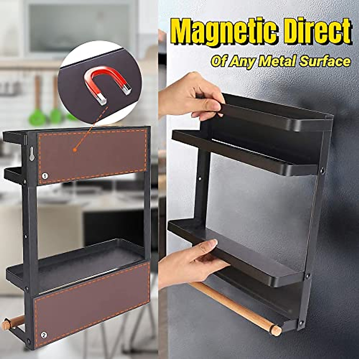 Magnetic Spice Rack,Magnetic Paper Towel Holder Super Magnetic Shelf Spice Rack Spice Organizer for Kitchen Organization and Storage Kitchen Storage Magnetic Spice Rack for Refrigerator Black
