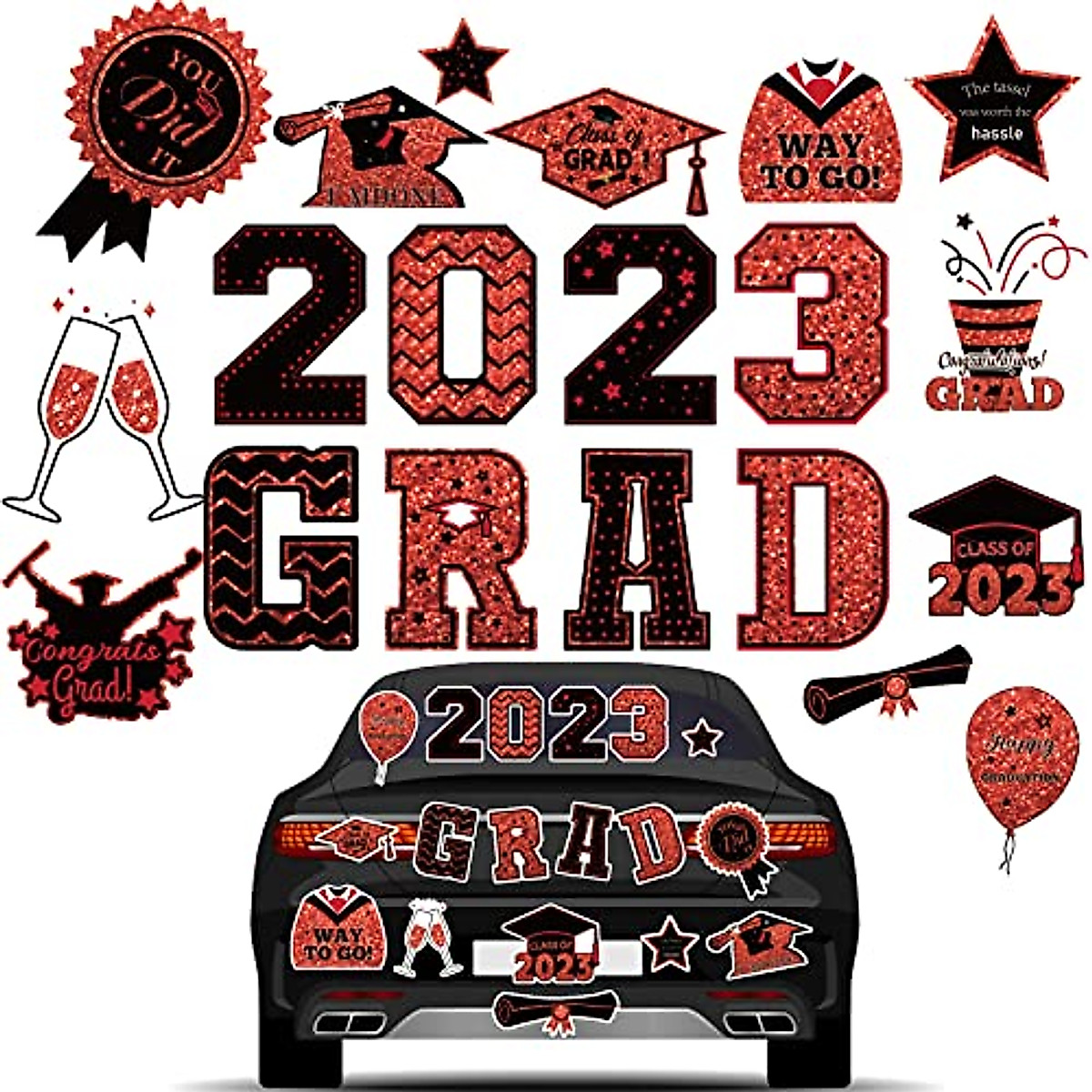 20 Pcs Graduation Car Magnets, 2023 Graduation Car Decorations, Class of 2023 Magnetic Stickers, Graduation Cap Decorations, Graduation Magnet Decals for Car Cruise Garage Door Metal Surface (Red)